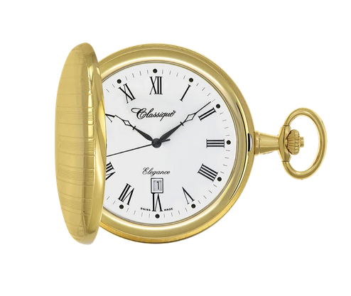 Classique - Gents Pocket Watch - White Dial Roman Numerals - Gold Plat ...